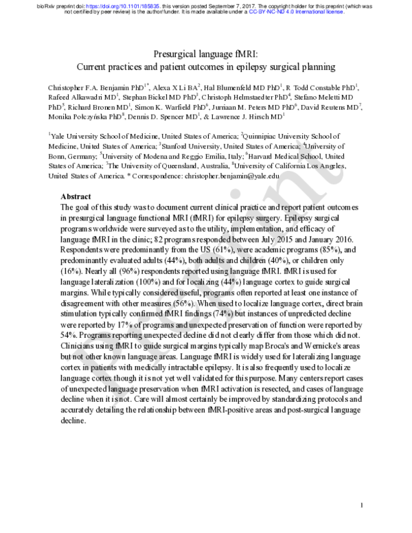 (PDF) Presurgical language fMRI: Current practices and patient outcomes ...