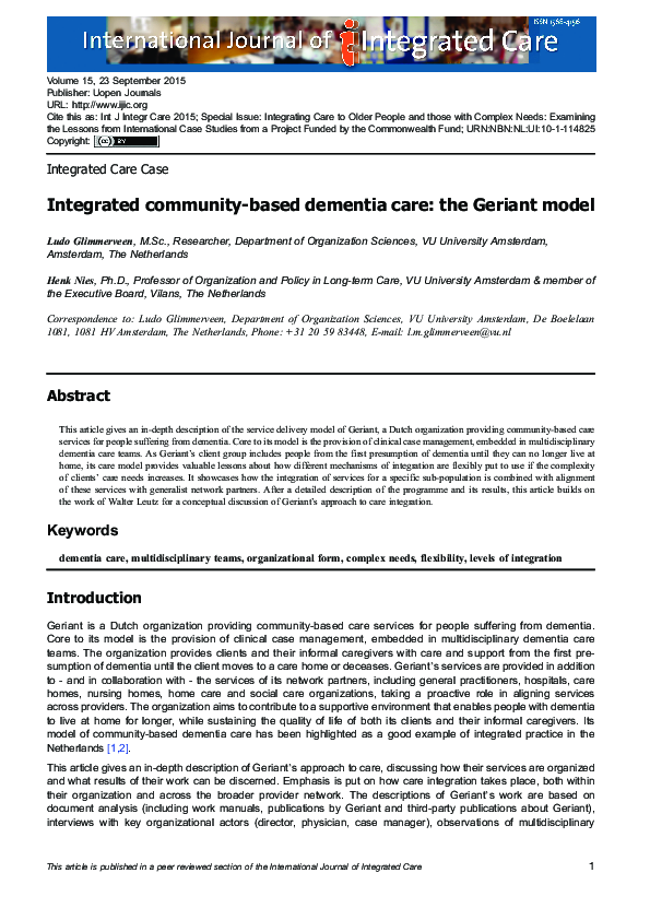 (PDF) Integrated community-based dementia care: the Geriant model