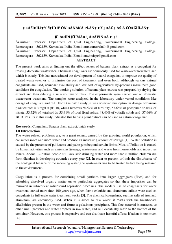 (PDF) FEASIBILITY STUDY ON BANANA PLANT EXTRACT AS A COAGULANT