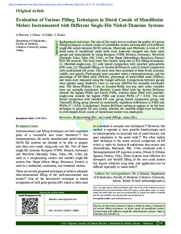 (PDF) Evaluation of various filling techniques in distal canals of ...