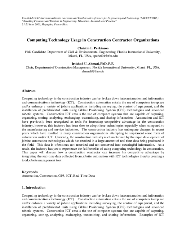 (PDF) Computing Technology Usage in Construction Contractor Organizations