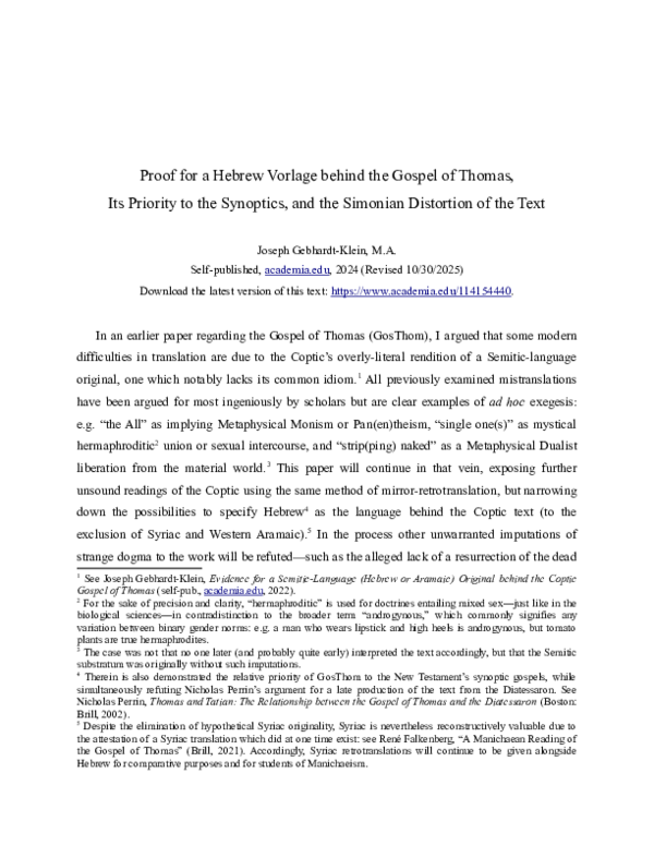 (PDF) Proof for a Hebrew Vorlage behind the Gospel of Thomas, Its ...