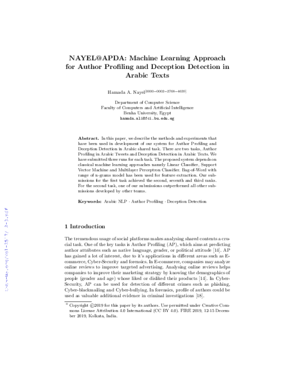 (PDF) NAYEL@APDA: Machine Learning Approach for Author Profiling and ...