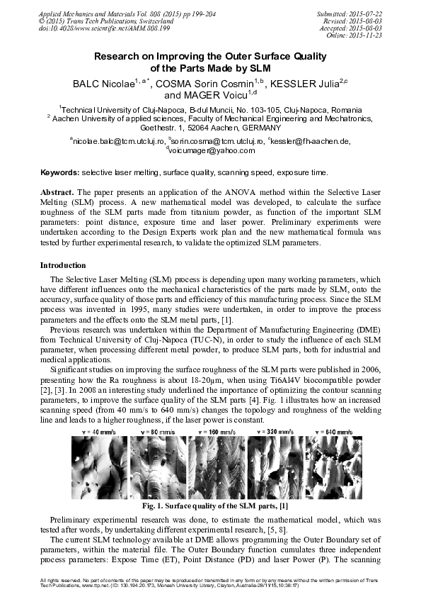 (PDF) Research on Improving the Outer Surface Quality of the Parts Made ...