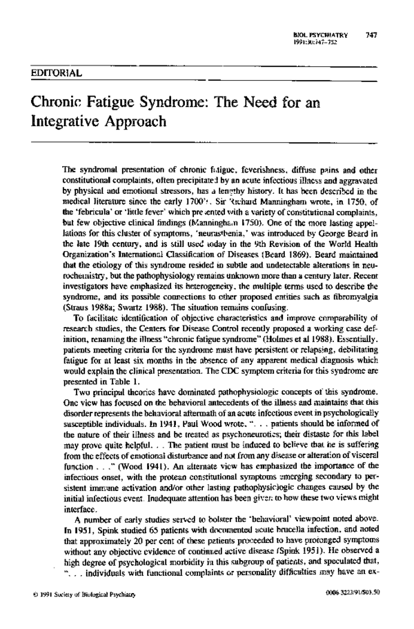 (PDF) Chronic fatigue syndrome: The need for an integrative approach