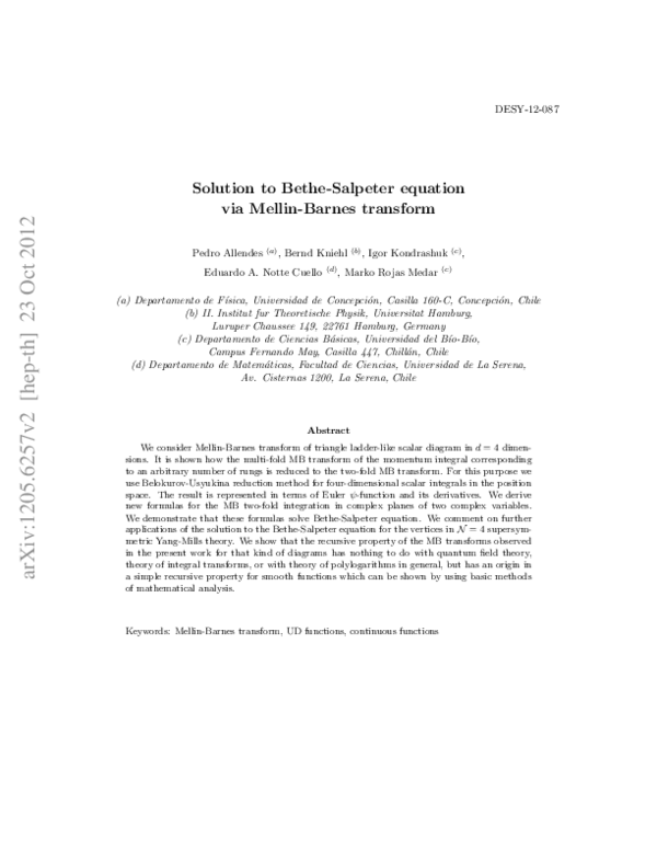 (PDF) Solution to Bethe–Salpeter equation via Mellin–Barnes transform