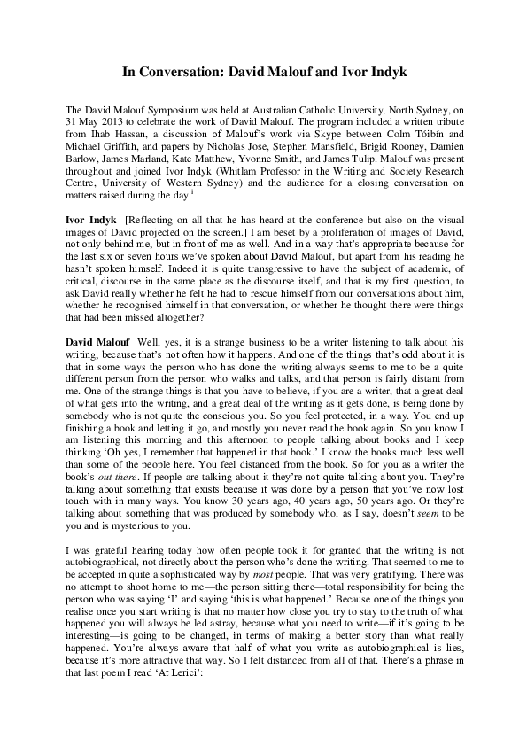 (PDF) In Conversation: David Malouf and Ivor Indyk