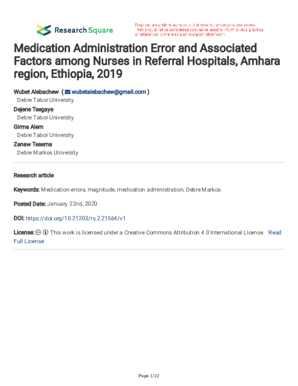 (PDF) Medication Administration Error and Associated Factors among ...