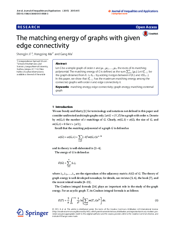 (PDF) The matching energy of graphs with given edge connectivity
