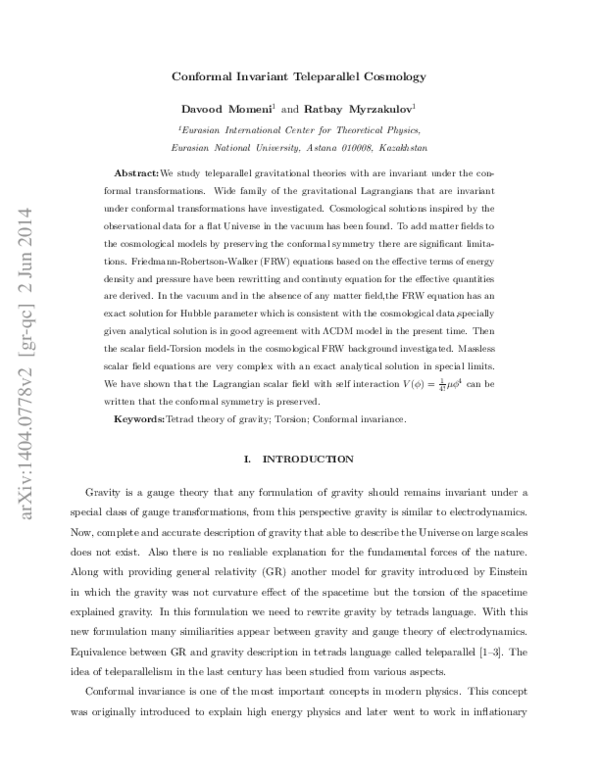 (PDF) Conformal invariant teleparallel cosmology