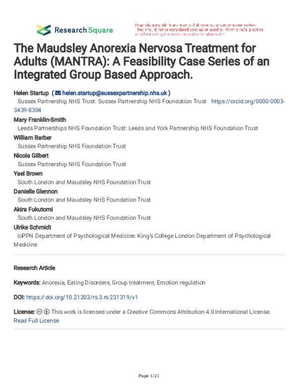 (PDF) The Maudsley Anorexia Nervosa Treatment for Adults (MANTRA): A ...