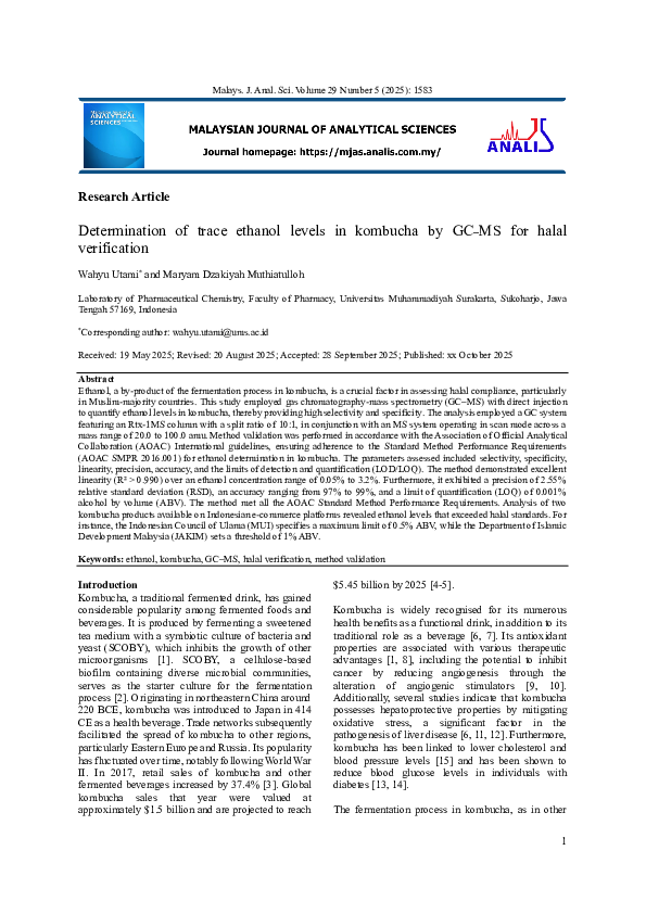 (PDF) Determination of trace ethanol levels in kombucha by GC-MS for halal verification