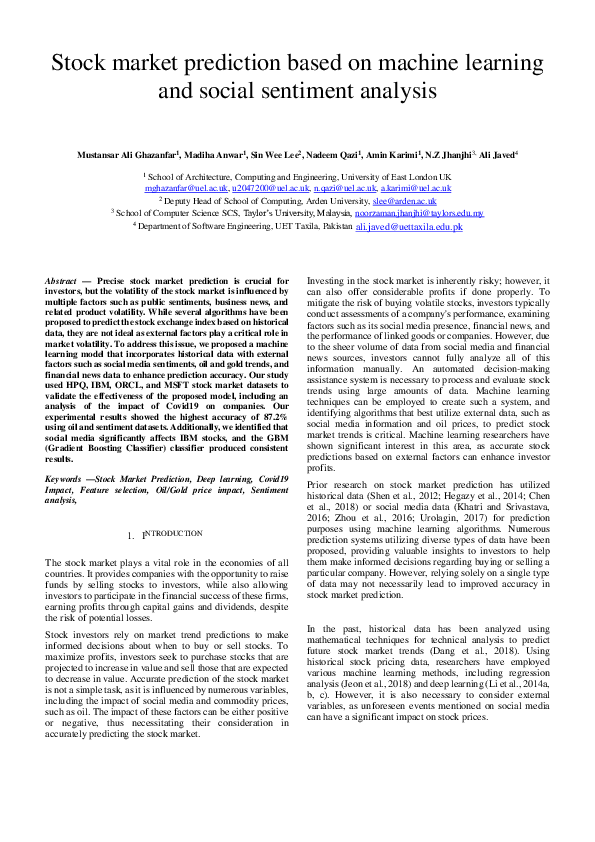 (PDF) Stock market prediction based on machine learning and social sentiment analysis