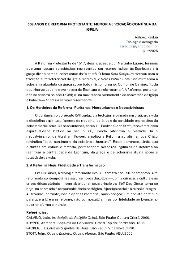 (PDF) 508 ANOS DE REFORMA PROTESTANTE: MEMORIA E VOCAÇÃO CONTÍNUA DA IGREJA