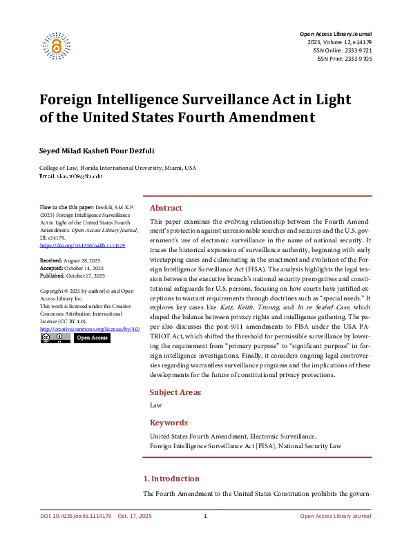(PDF) Foreign Intelligence Surveillance Act in Light of the United ...