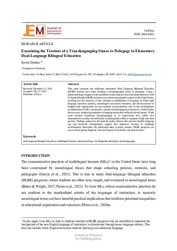 (PDF) Examining the Tensions of a Translanguaging Stance to Pedagogy in ...