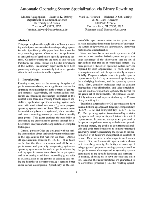 (PDF) Automatic Operating System Specialization via Binary Rewriting