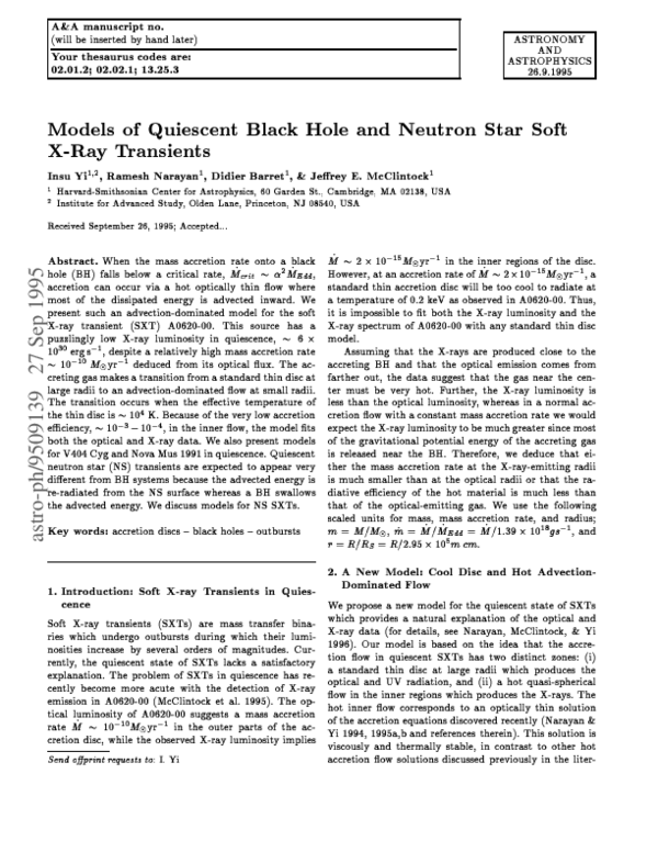(PDF) Models of Quiescent Black Hole Neutron Star Soft X-Ray Transients