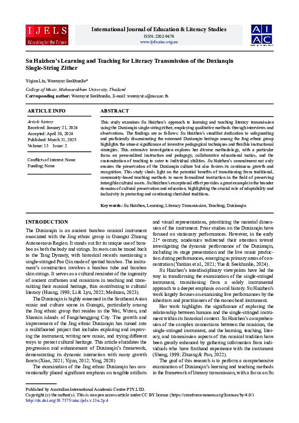 (PDF) Su Haizhen’s Learning and Teaching for Literacy Transmission of the Duxianqin Single ...