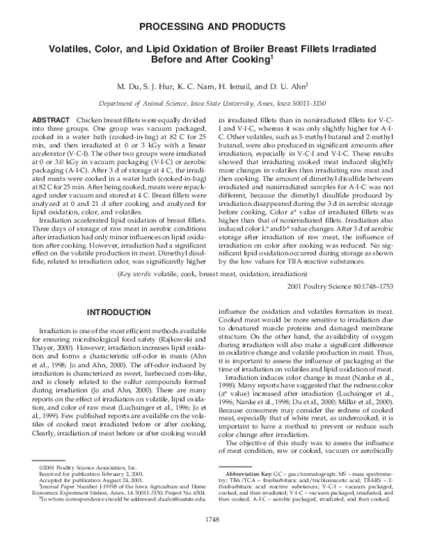 (PDF) Volatiles, Color, and Lipid Oxidation of Broiler Breast Fillets ...