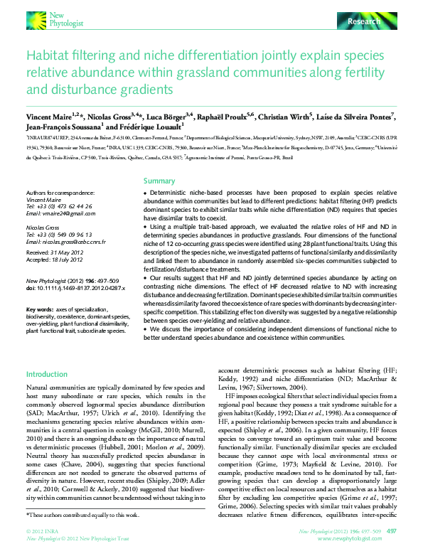 (PDF) Habitat filtering and niche differentiation jointly explain ...