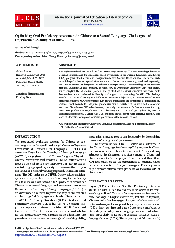 (PDF) Optimizing Oral Proficiency Assessment in Chinese as a Second Language: Challenges and ...