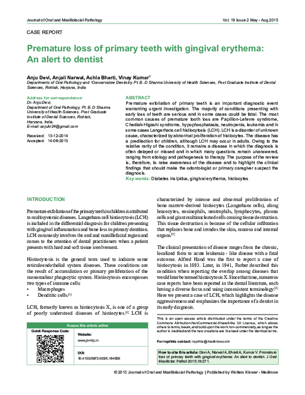 (PDF) Premature loss of primary teeth with gingival erythema: An alert ...
