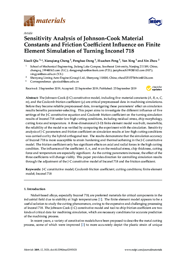 (PDF) Sensitivity Analysis of Johnson-Cook Material Constants and ...
