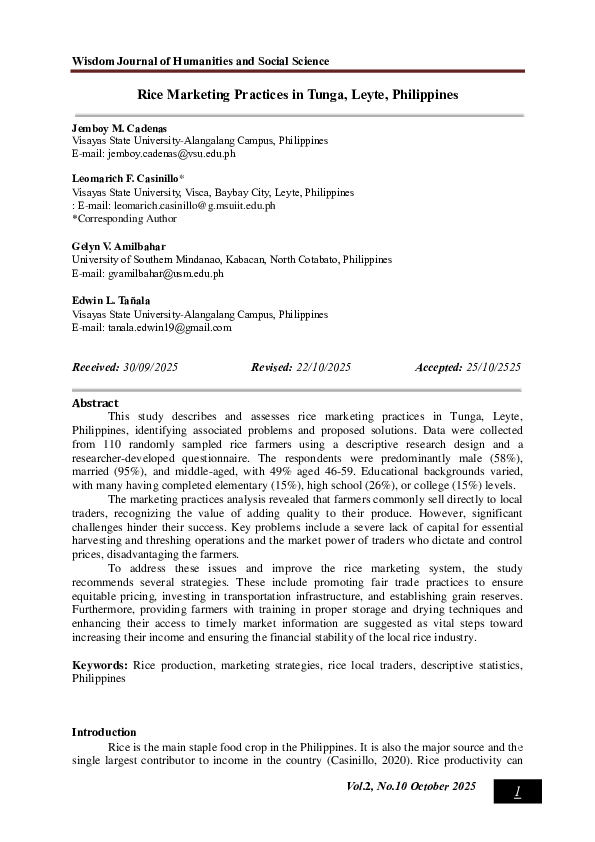 (PDF) Rice Marketing Practices in Tunga, Leyte, Philippines
