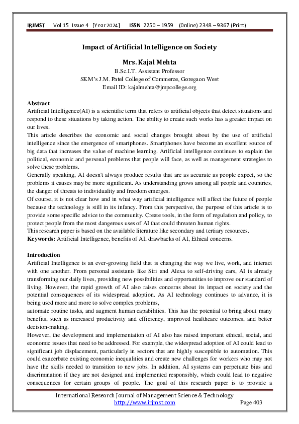(PDF) Impact of Artificial Intelligence on Society