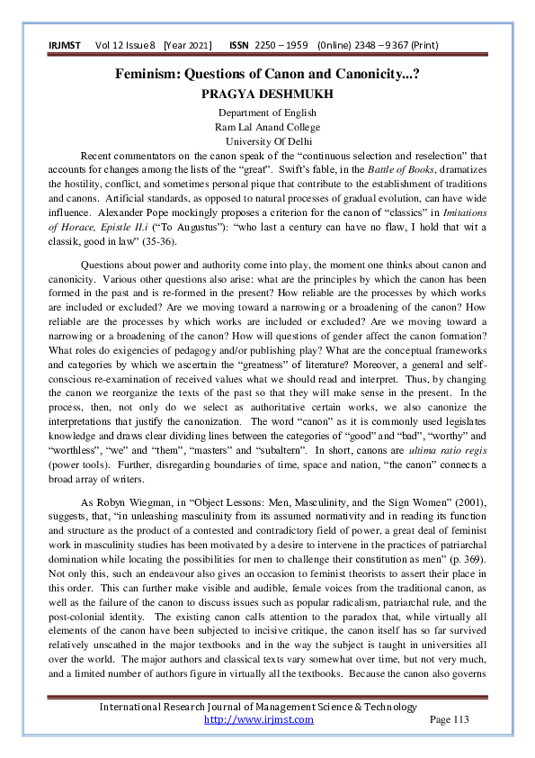 (PDF) Feminism: Questions of Canon and Canonicity