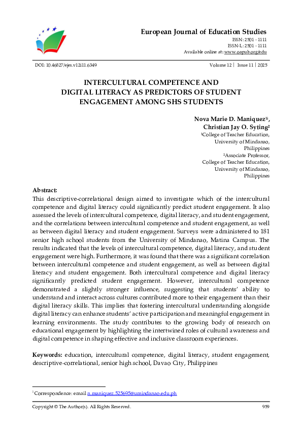 (PDF) Intercultural Competence and Digital Literacy as Predictors of Student Engagement among ...
