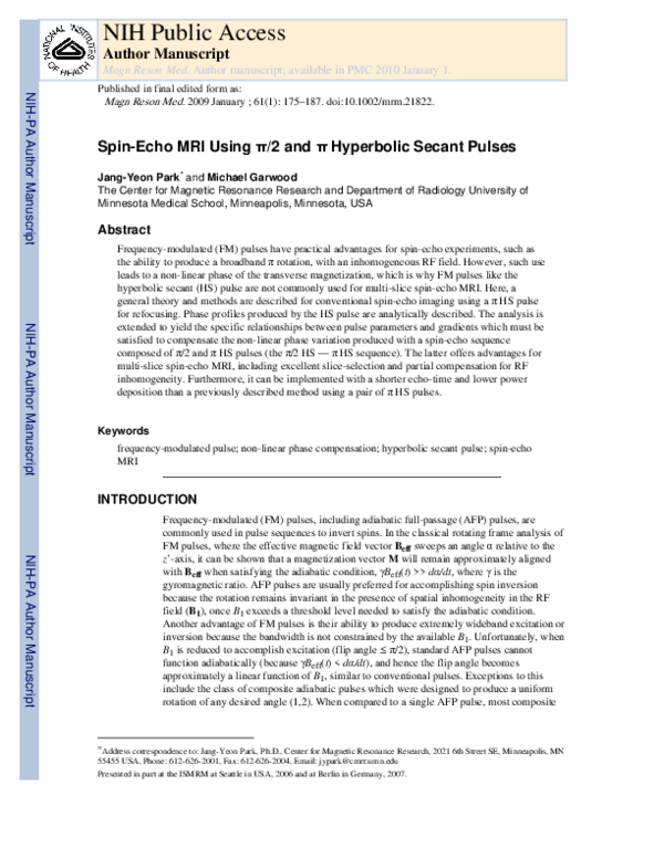 (PDF) Spin‐echo MRI using π/2 and π hyperbolic secant pulses