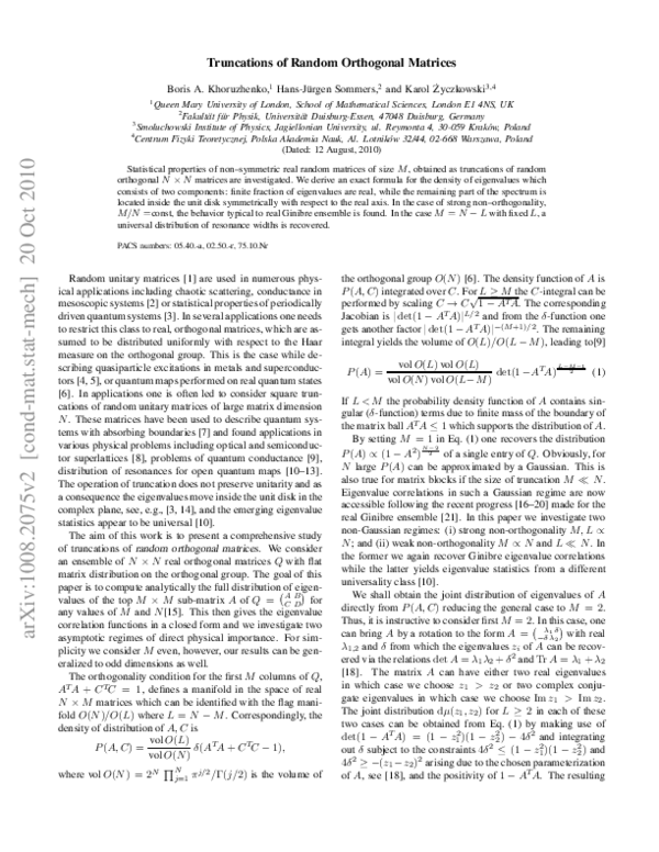(PDF) Truncations of random orthogonal matrices
