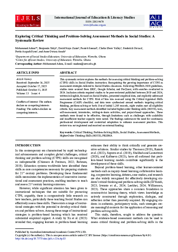 (PDF) Exploring Critical Thinking and Problem-Solving Assessment ...