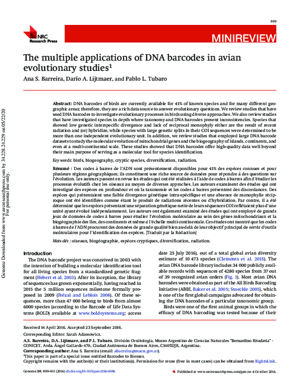 (PDF) The multiple applications of DNA barcodes in avian evolutionary ...