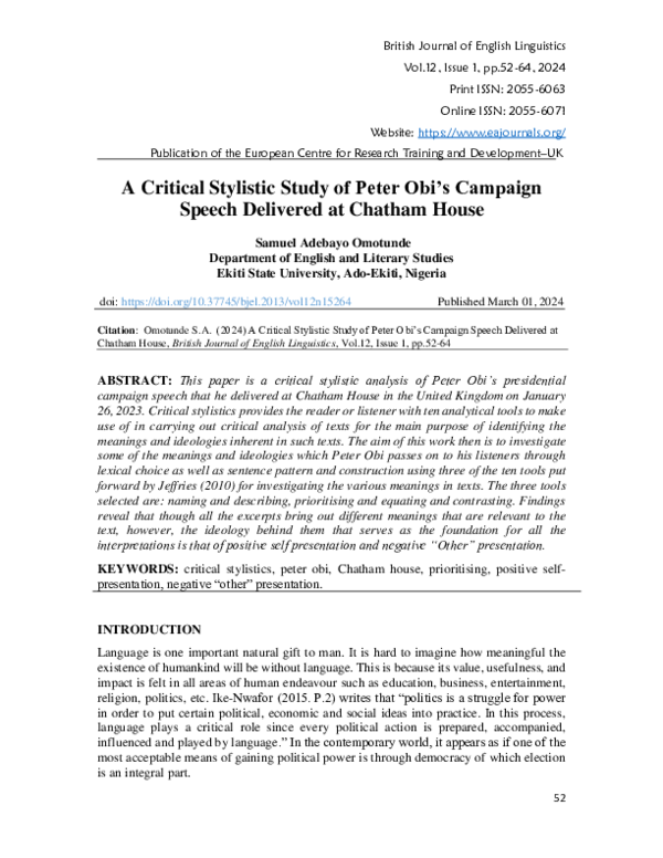 (PDF) A Critical Stylistic Study of Peter Obi’s Campaign Speech ...