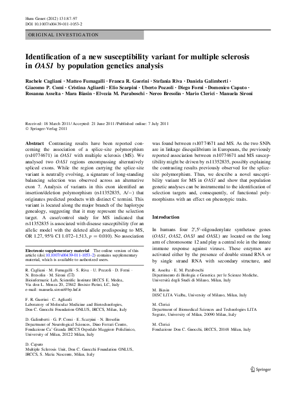 (PDF) Identification of a new susceptibility variant for multiple ...