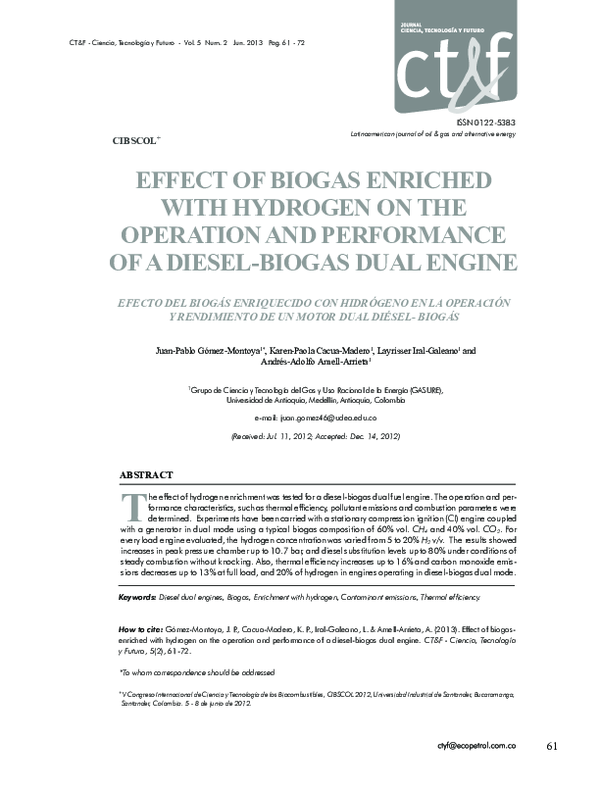 (PDF) EFFECT OF BIOGAS ENRICHED WITH HYDROGEN ON THE OPERATION AND ...