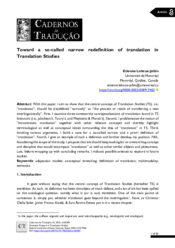 (PDF) Toward a so-called narrow redefinition of translation in ...