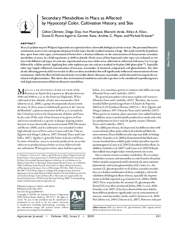 (PDF) Secondary Metabolites in Maca as Affected by Hypocotyl Color ...