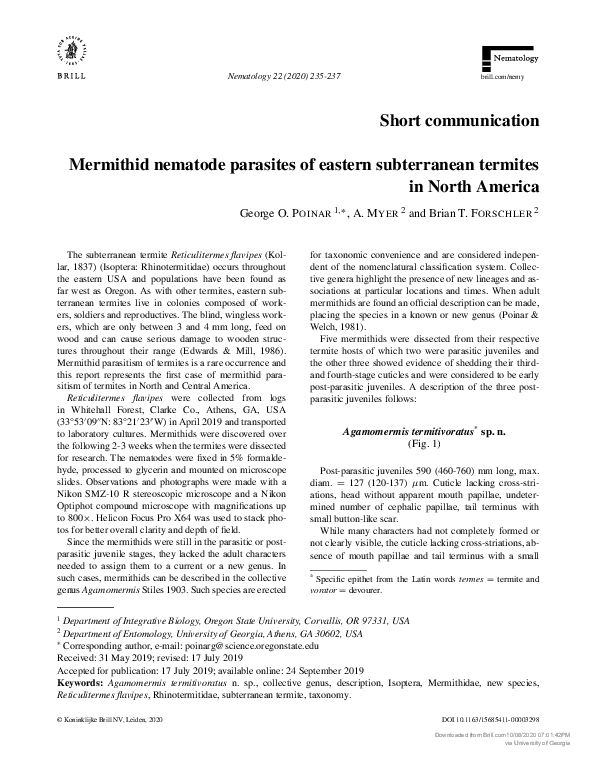 (PDF) Mermithid nematode parasites of eastern subterranean termites in ...