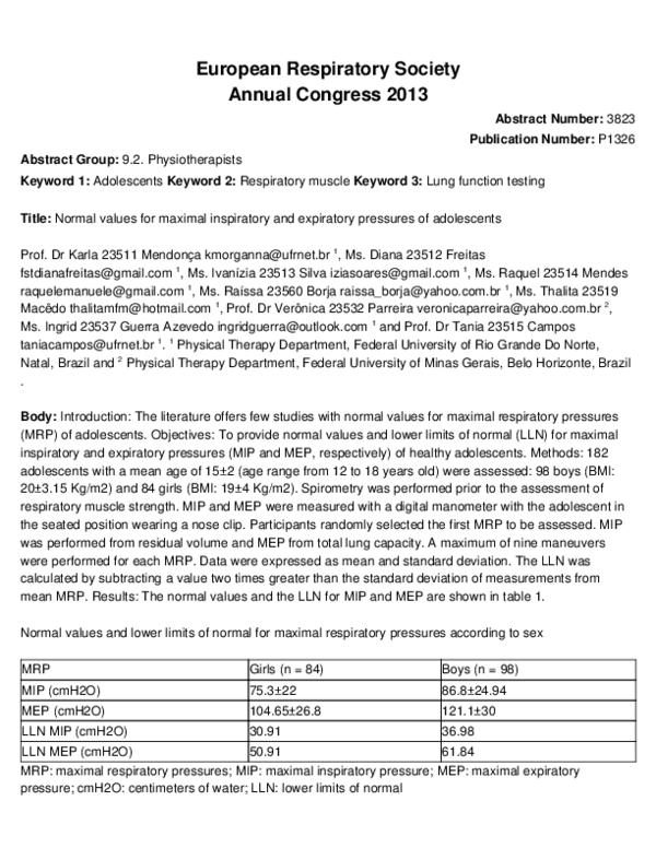 (PDF) Normal values for maximal inspiratory and expiratory pressures of ...