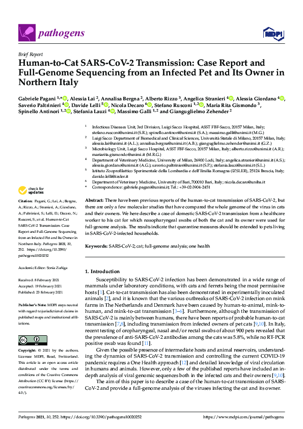 (PDF) Human-to-Cat SARS-CoV-2 Transmission: Case Report and Full-Genome ...