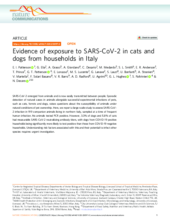 (PDF) Evidence of exposure to SARS-CoV-2 in cats and dogs from ...