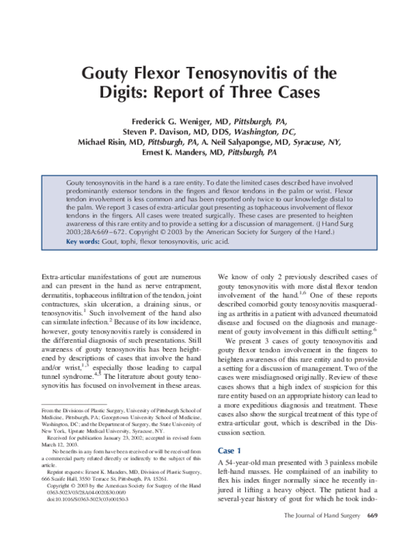 (PDF) Gouty flexor tenosynovitis of the digits: report of three cases