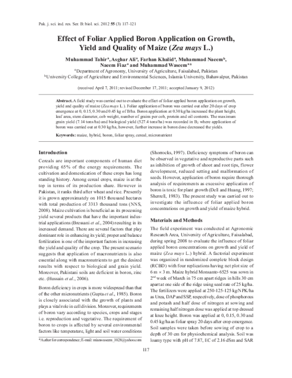 (PDF) Effect of Foliar Applied Boron Application on Growth, Yield and ...