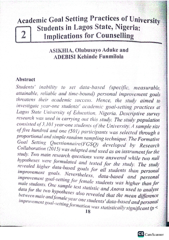 (PDF) ACADEMIC GOAL SETTING PRACTICES OF UNIVERSITY STUDENTS IN LAGOS ...