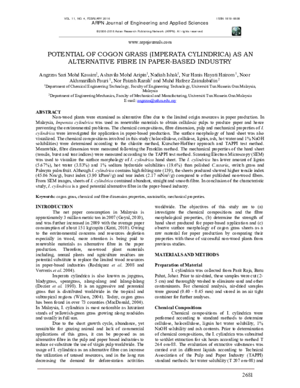 (PDF) Potential of Cogon Grass (Imperata Cylindrica) as an Alternative ...