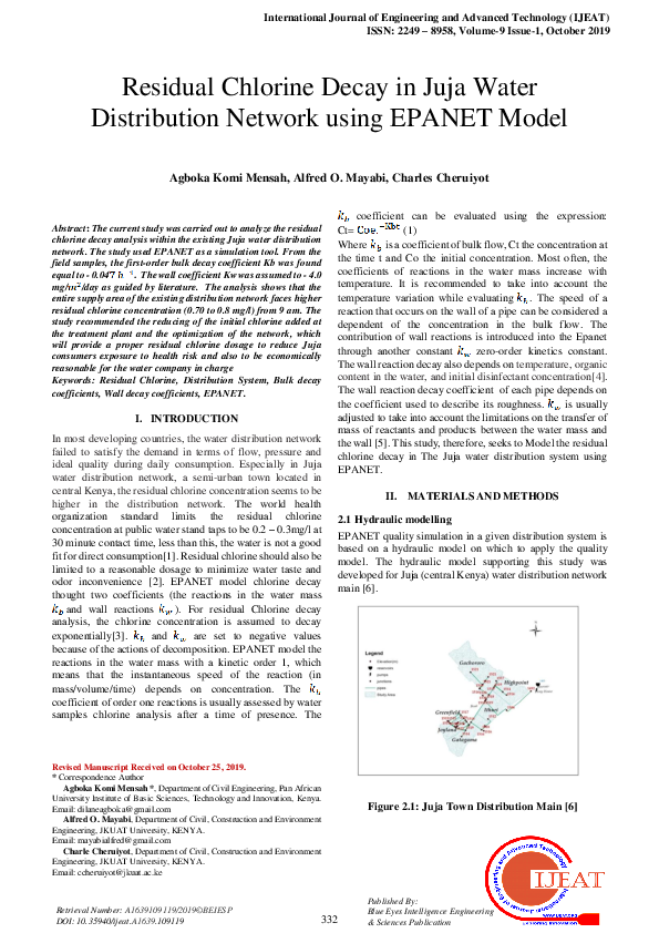 (PDF) Residual Chlorine Decay in Juja Water Distribution Network using ...